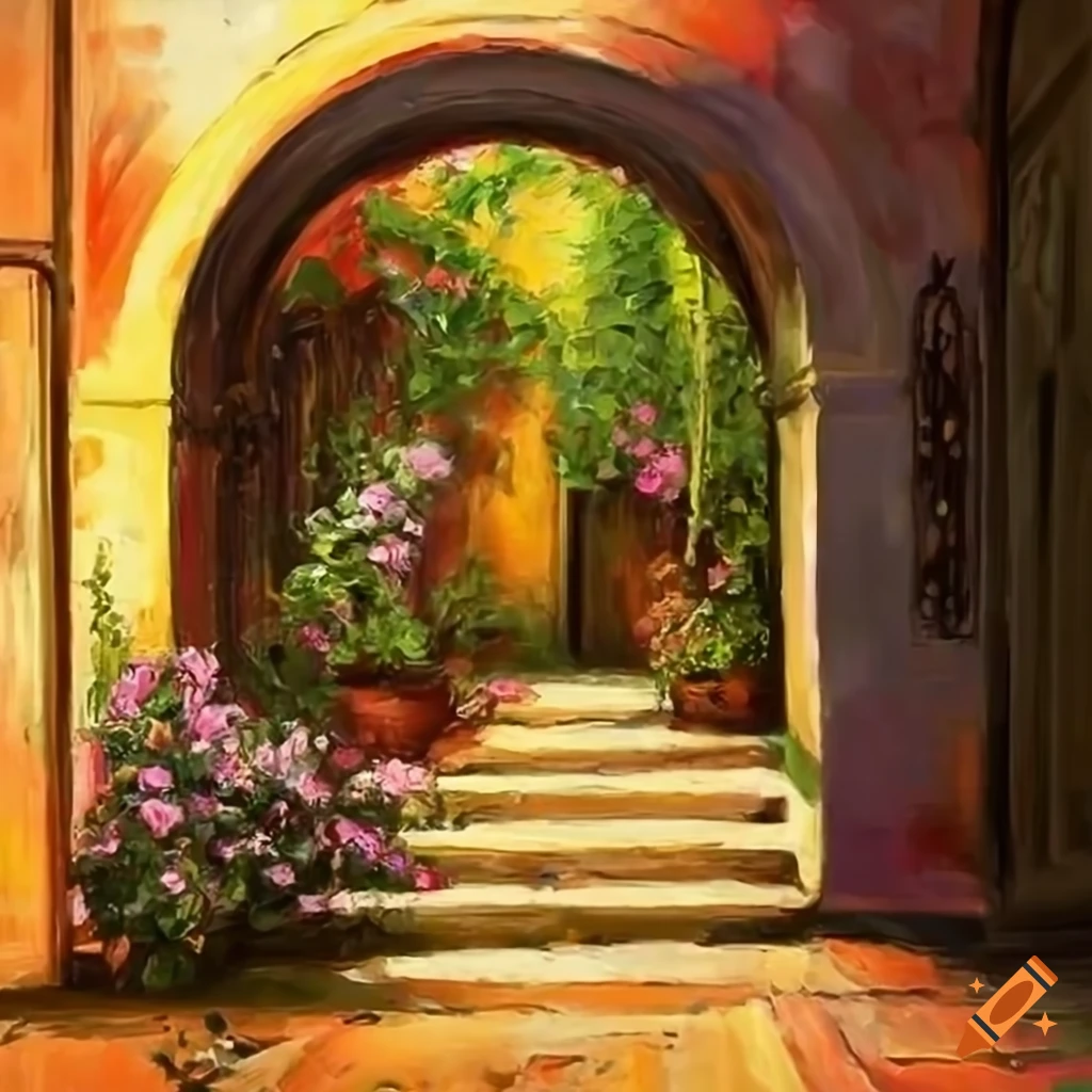 Intricate oil painting of a small italian house with courtyard on Craiyon