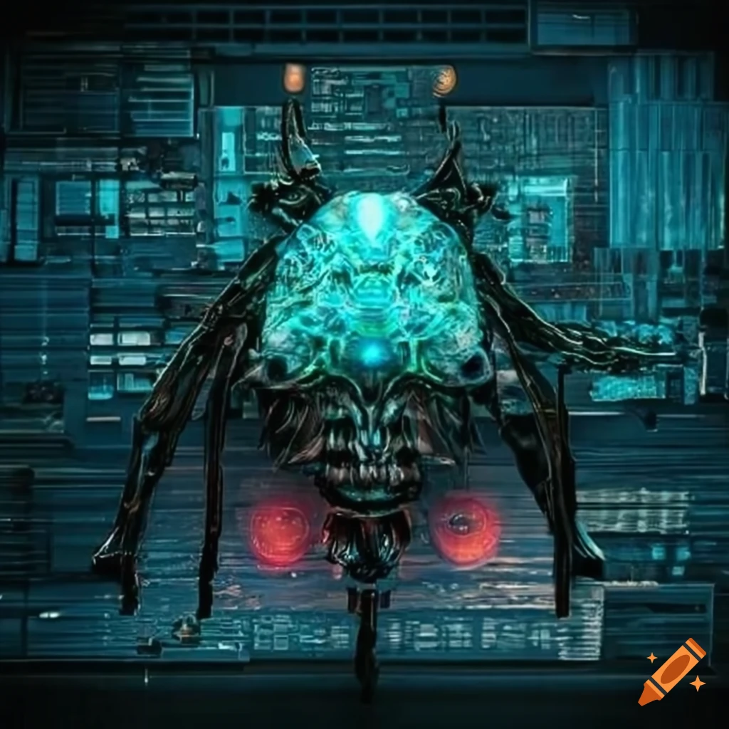 Surrealist insect alien spaceship in front of computer screens on Craiyon