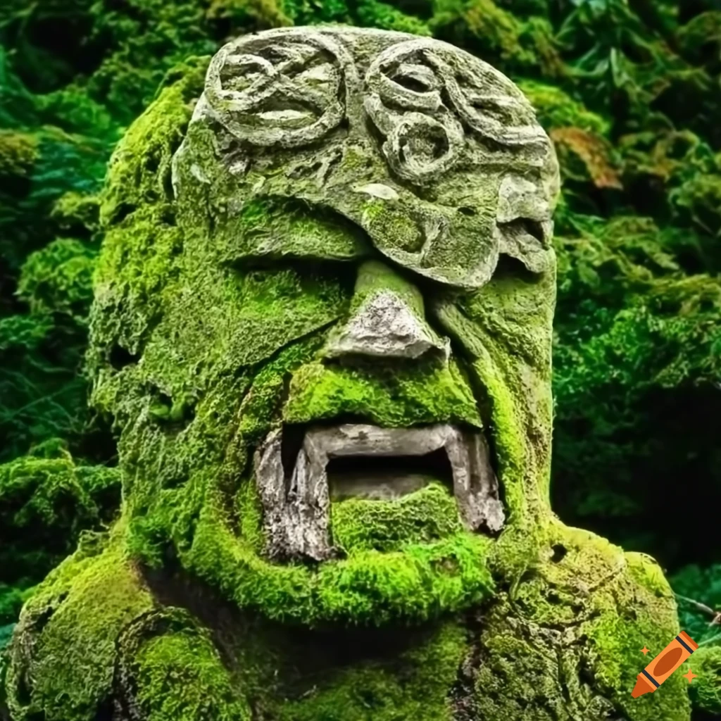 Moss-covered menhir with mayan god faces and hieroglyphs on Craiyon