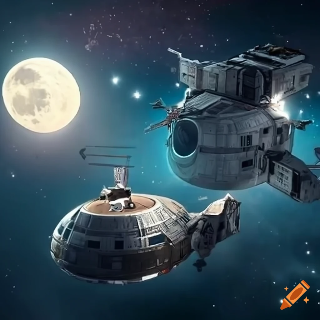 Artistic depiction of a moon base and a spaceship landing on Craiyon
