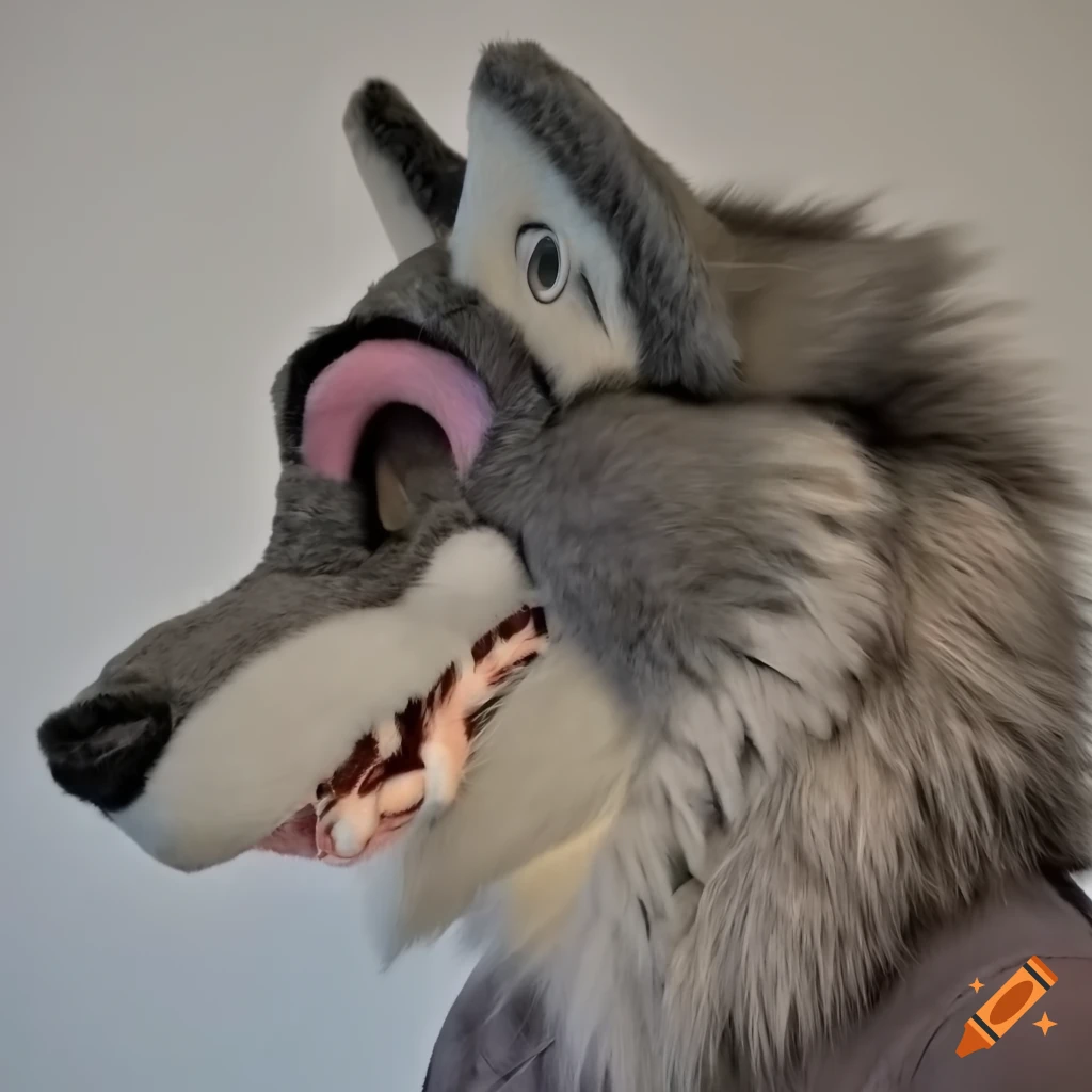 Wolf fursuit head with an open mouth on Craiyon