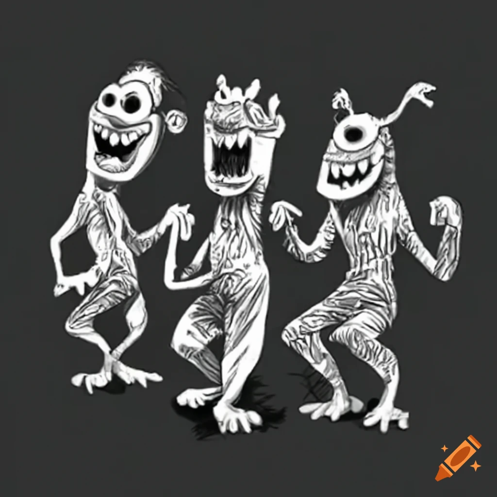 Cartoon monsters dancing and laughing on Craiyon
