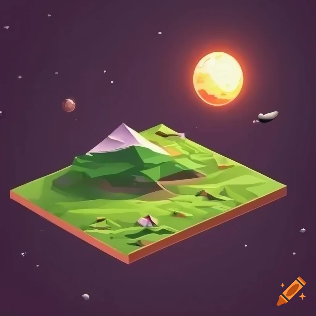 Isometric landscape of a floating valley in space