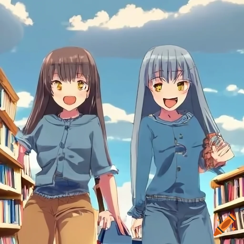 Anime girls studying at a library on Craiyon