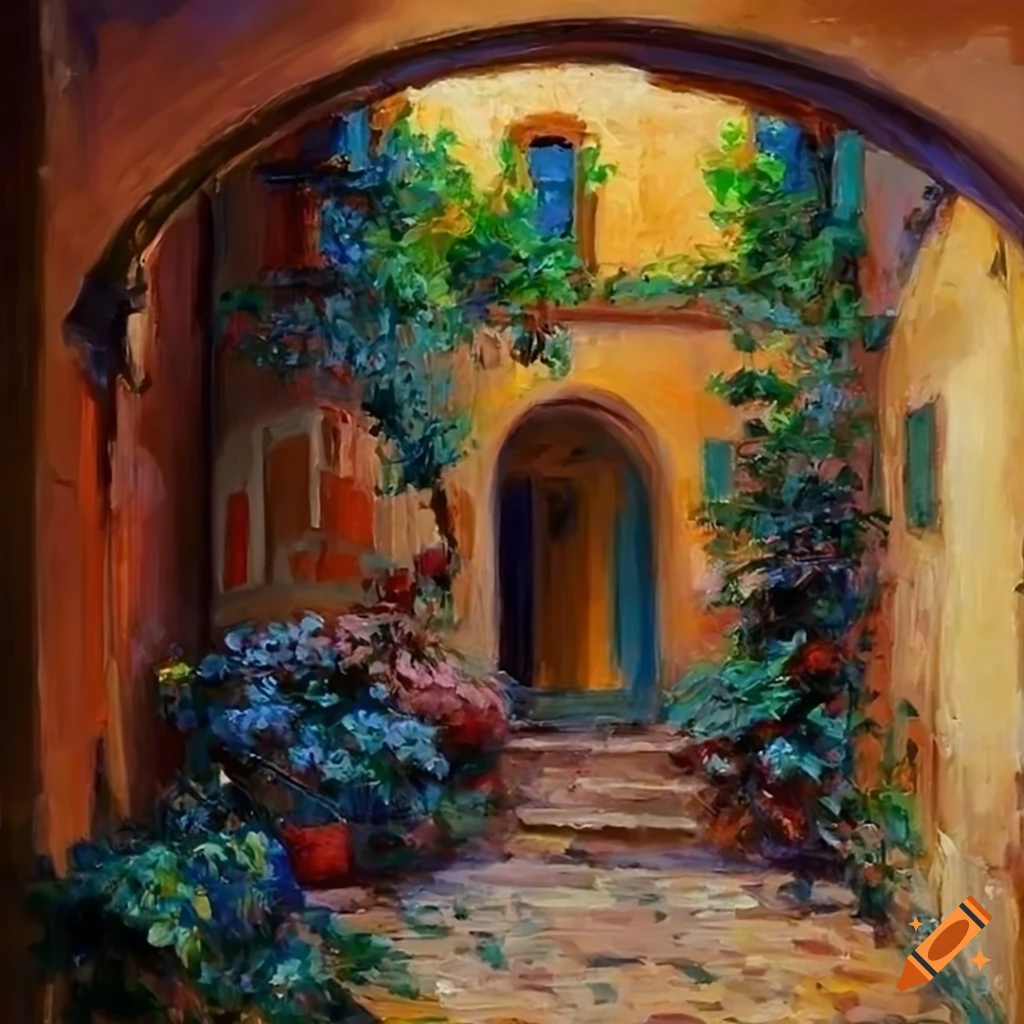 Impressionist painting of an inviting Italian house with a beautiful ...