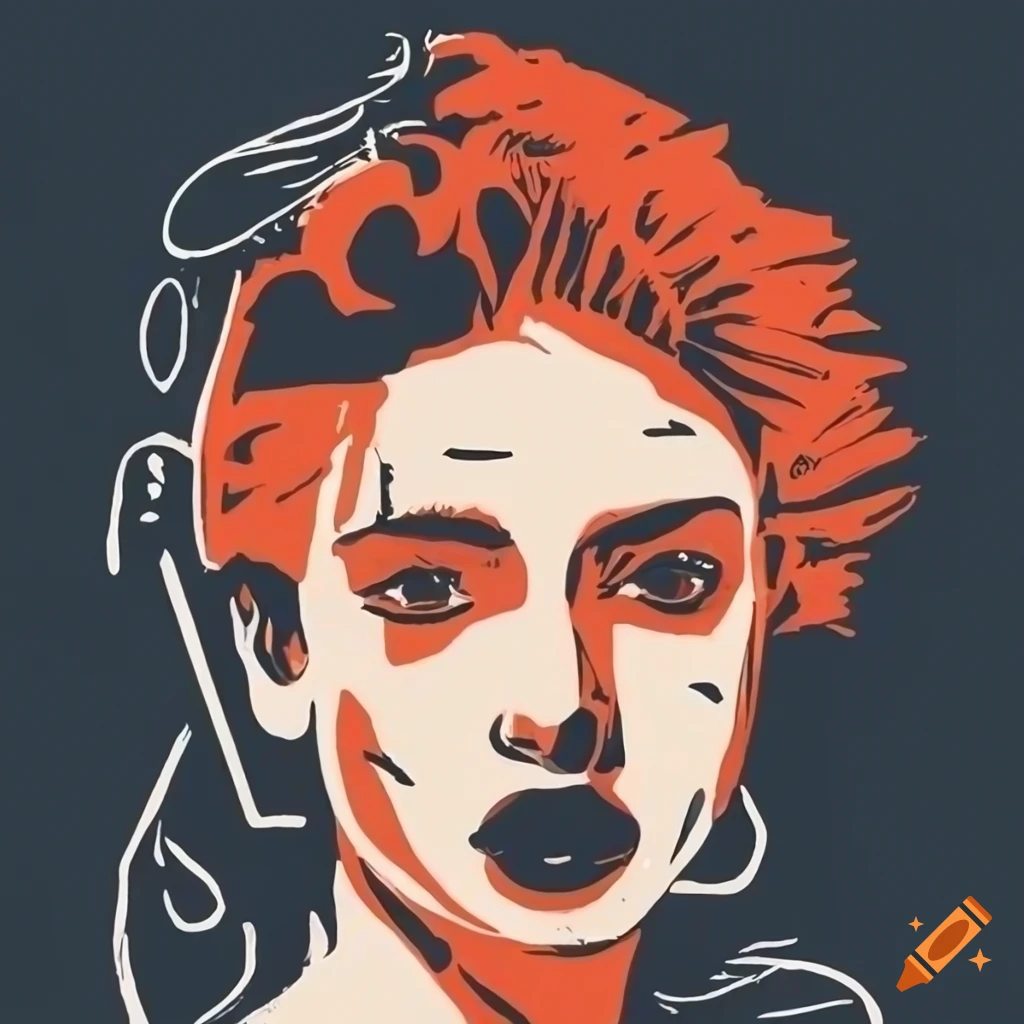 Lino print-style illustration of people working and playing sports