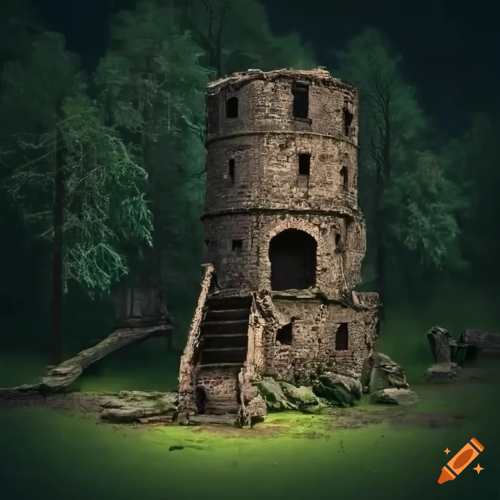 Ancient watchtower ruins in a forest on Craiyon