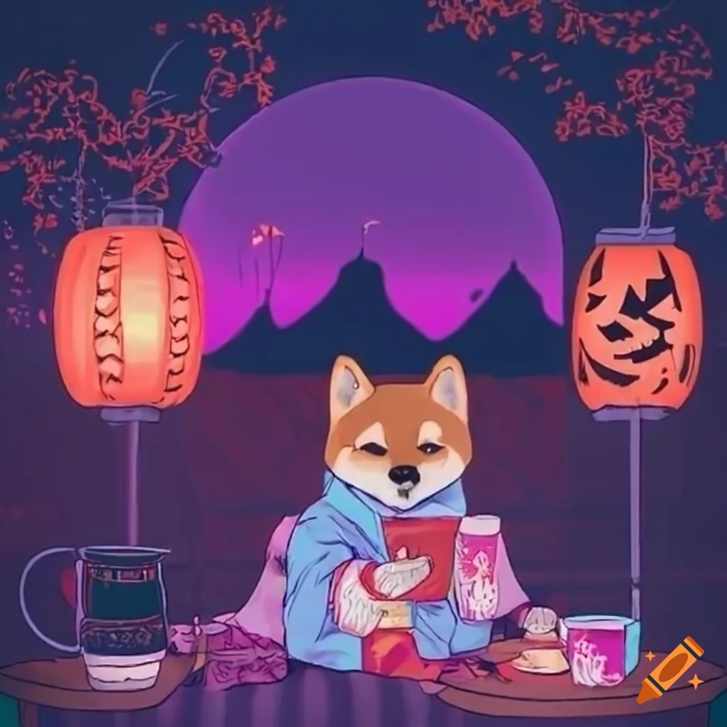 Halloween vaporwave scene with ghosts and a shiba inu on Craiyon