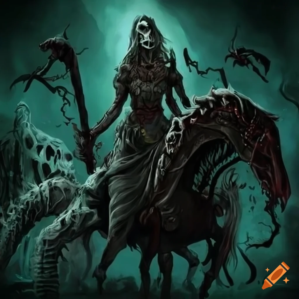 Illustration of an undead horse rider in a Lovecraftian horror style on ...