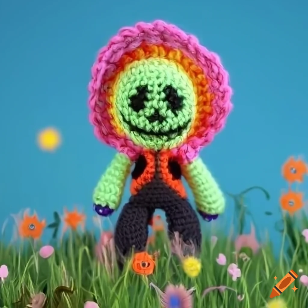 Cute knitted Halloween Ghost Rider in a colorful garden on Craiyon