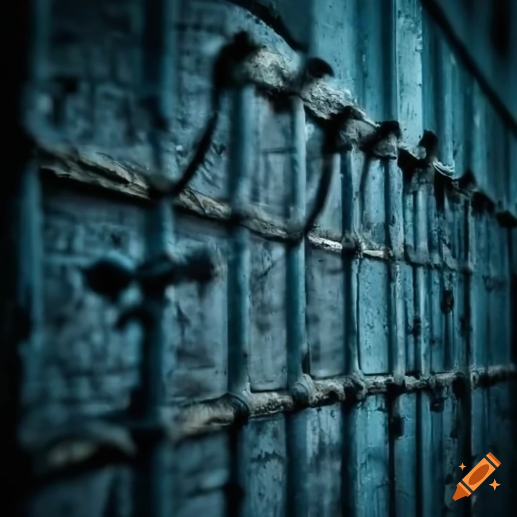 Blue prison cell with iron grate