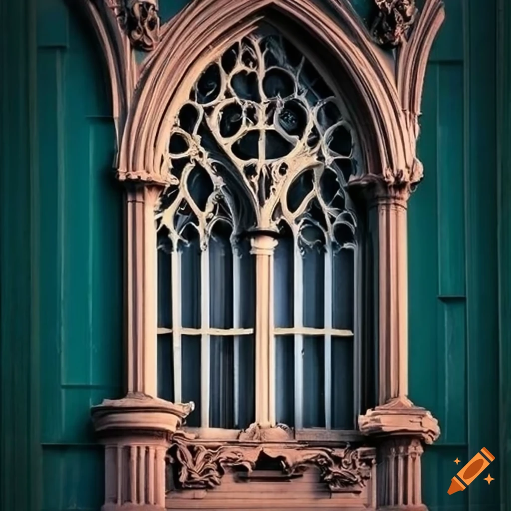 Gothic window with rococo pillars and pansy flower