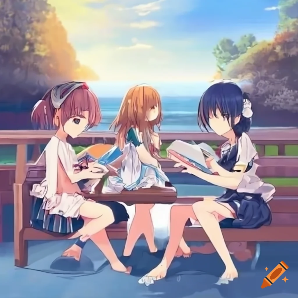 Anime girls reading books on a terrace by the lake