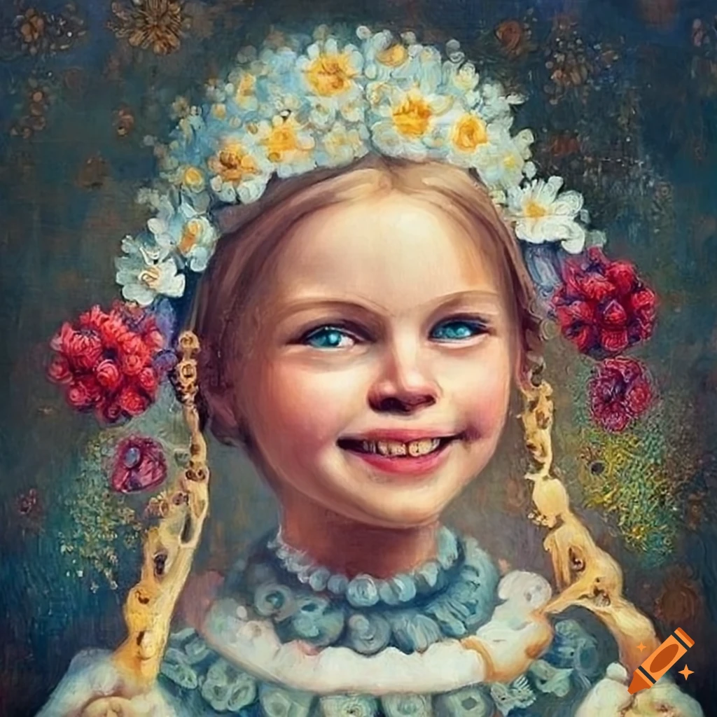 Oil painting of smiling dressed finnish girls on Craiyon