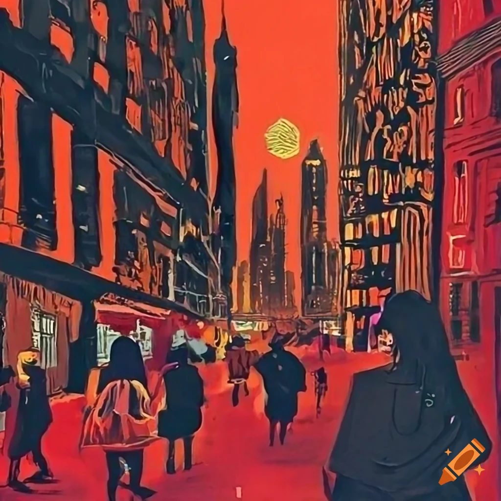 Linocut of a city street at night inspired by sin city