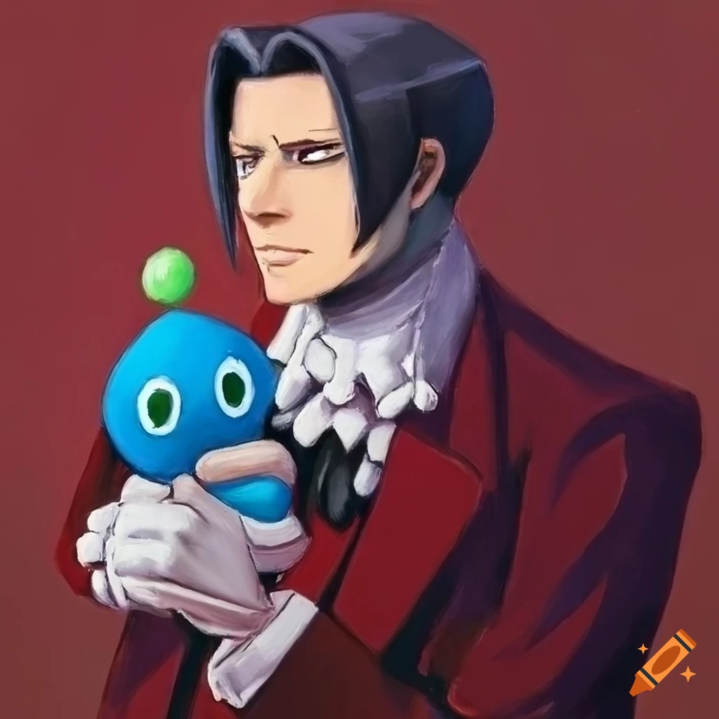 Presidential painting of miles edgeworth with a blue chao on Craiyon