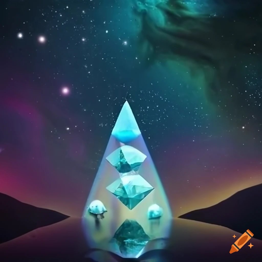 Sparkling diamond heads in front of a metal pyramid surrounded by ...