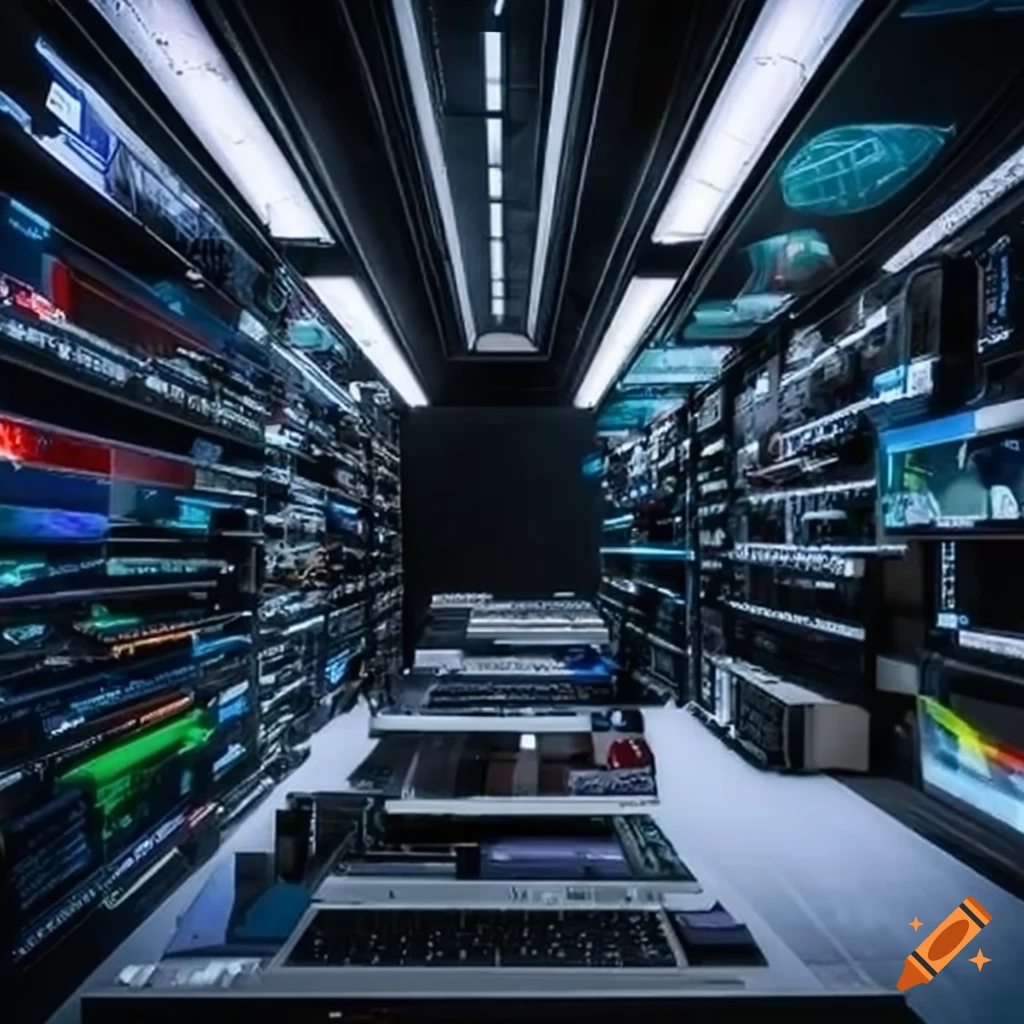 Display of modern technology in a computer store on Craiyon