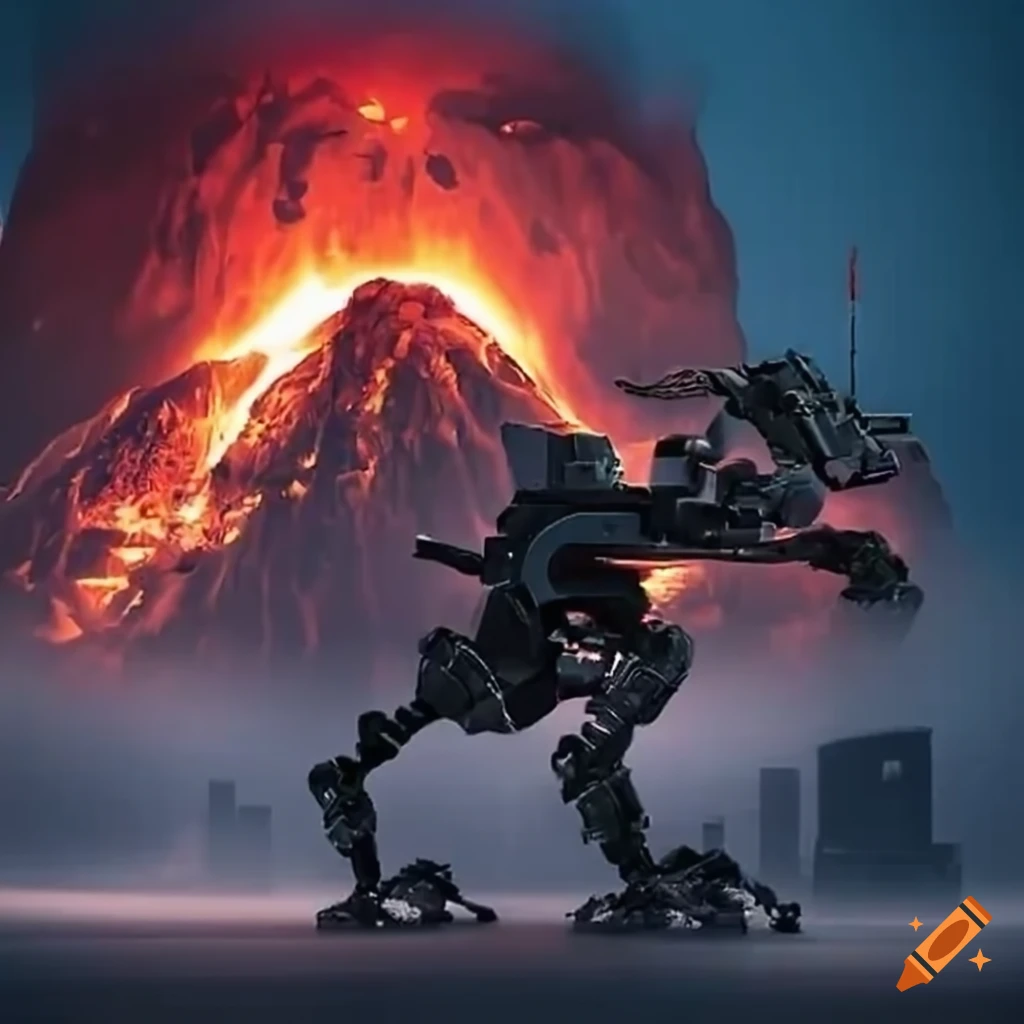 T-rex fighting a robot in a japanese city near a volcano on Craiyon