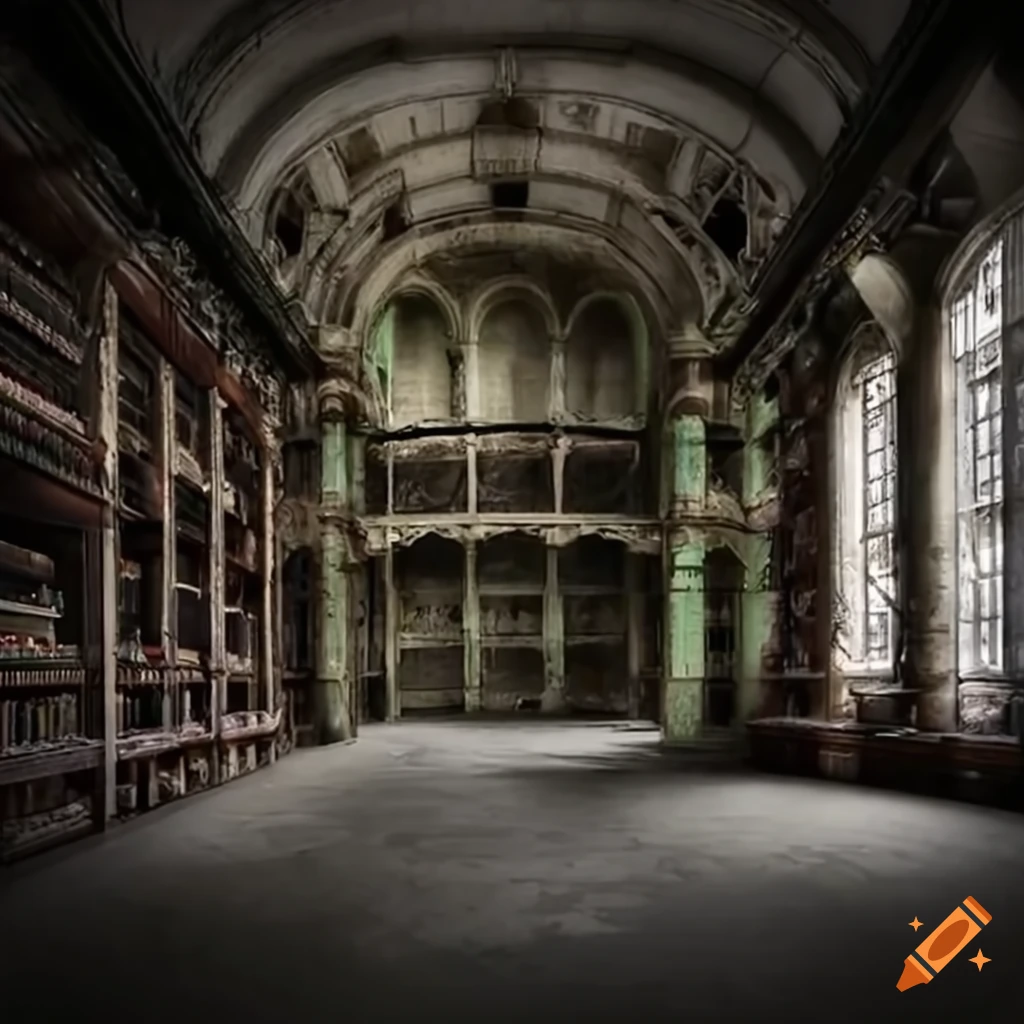 Image of a realistic asylum library with walls and towers on Craiyon