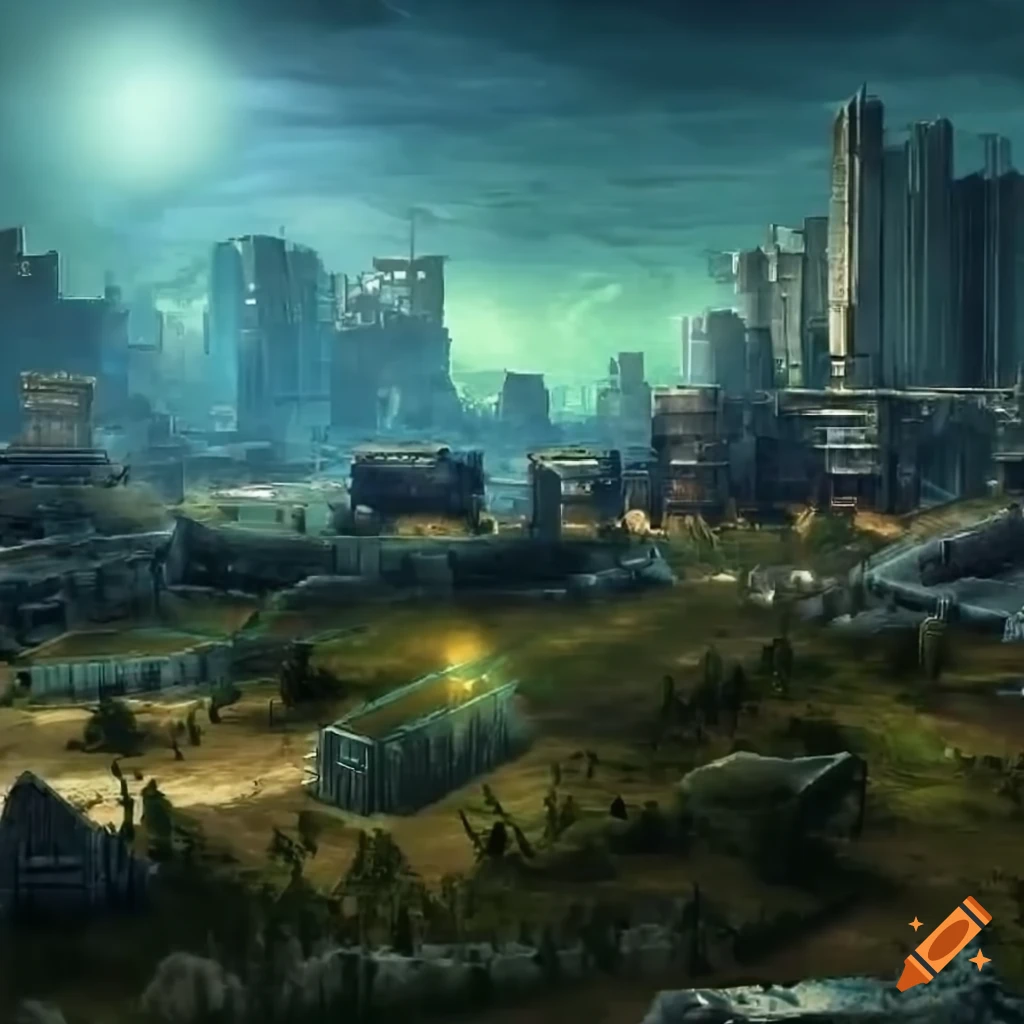 Detailed fantasy artwork of a tiberium infested city on Craiyon