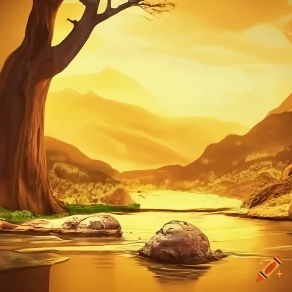 River flowing through a golden landscape with a tree on Craiyon
