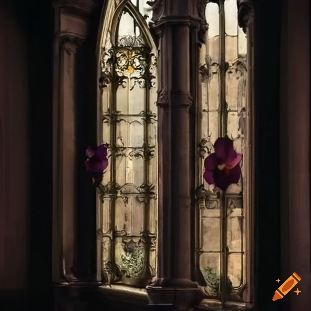 Gothic window with rococo pillars and pansy flower on Craiyon