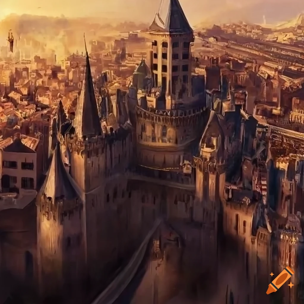 Aerial view of a medieval metropolis on a peninsula