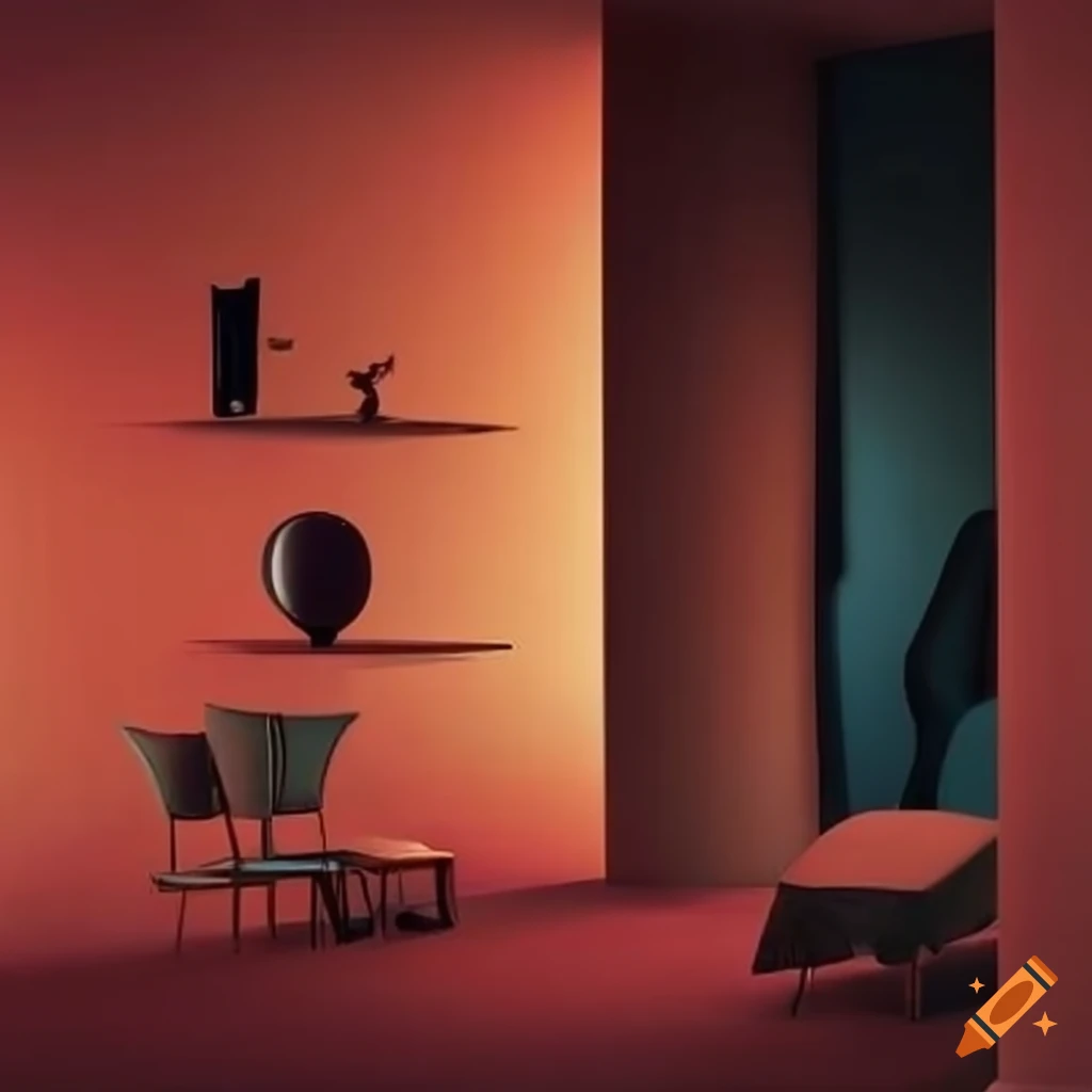 Surreal abstract art of an apartment with furniture and human figure