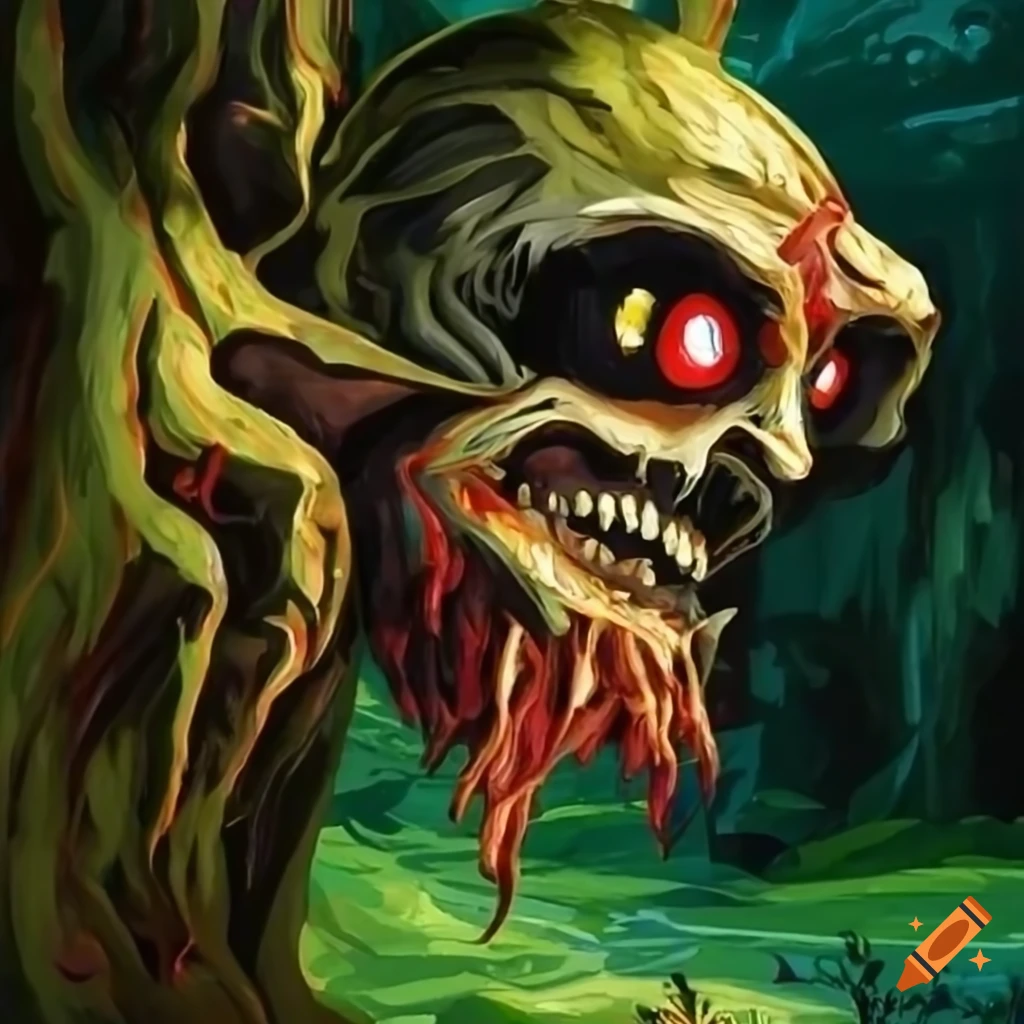 Zombie tree in a spooky jungle with blood and moldy mushrooms on Craiyon