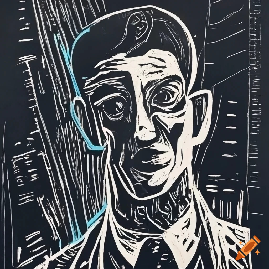 Colorful linocut illustration of people in a workplace on Craiyon