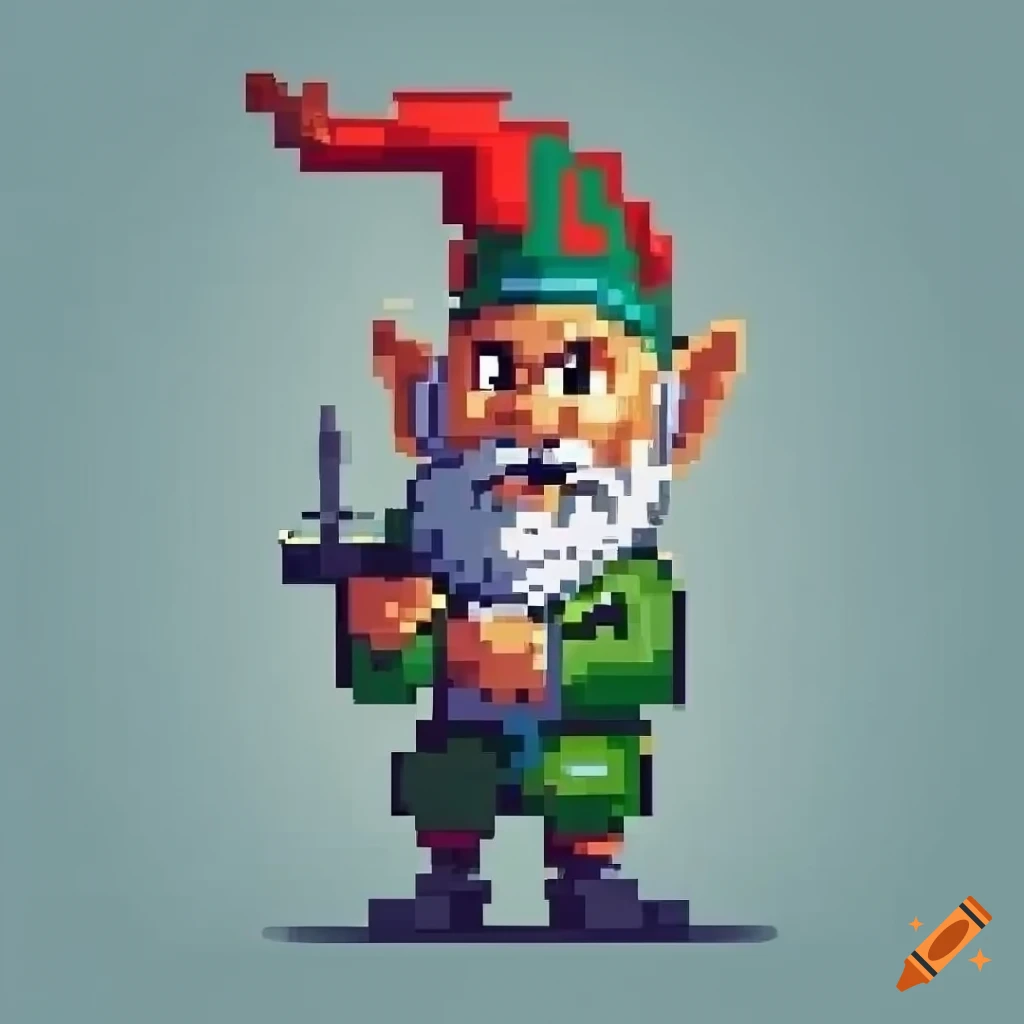 Pixel art of a battle-ready garden gnome