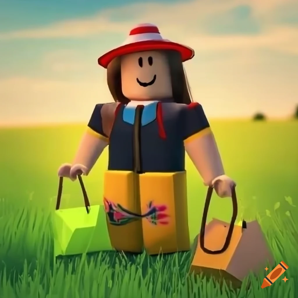 Roblox character with a shopping bag in a sunny field on Craiyon