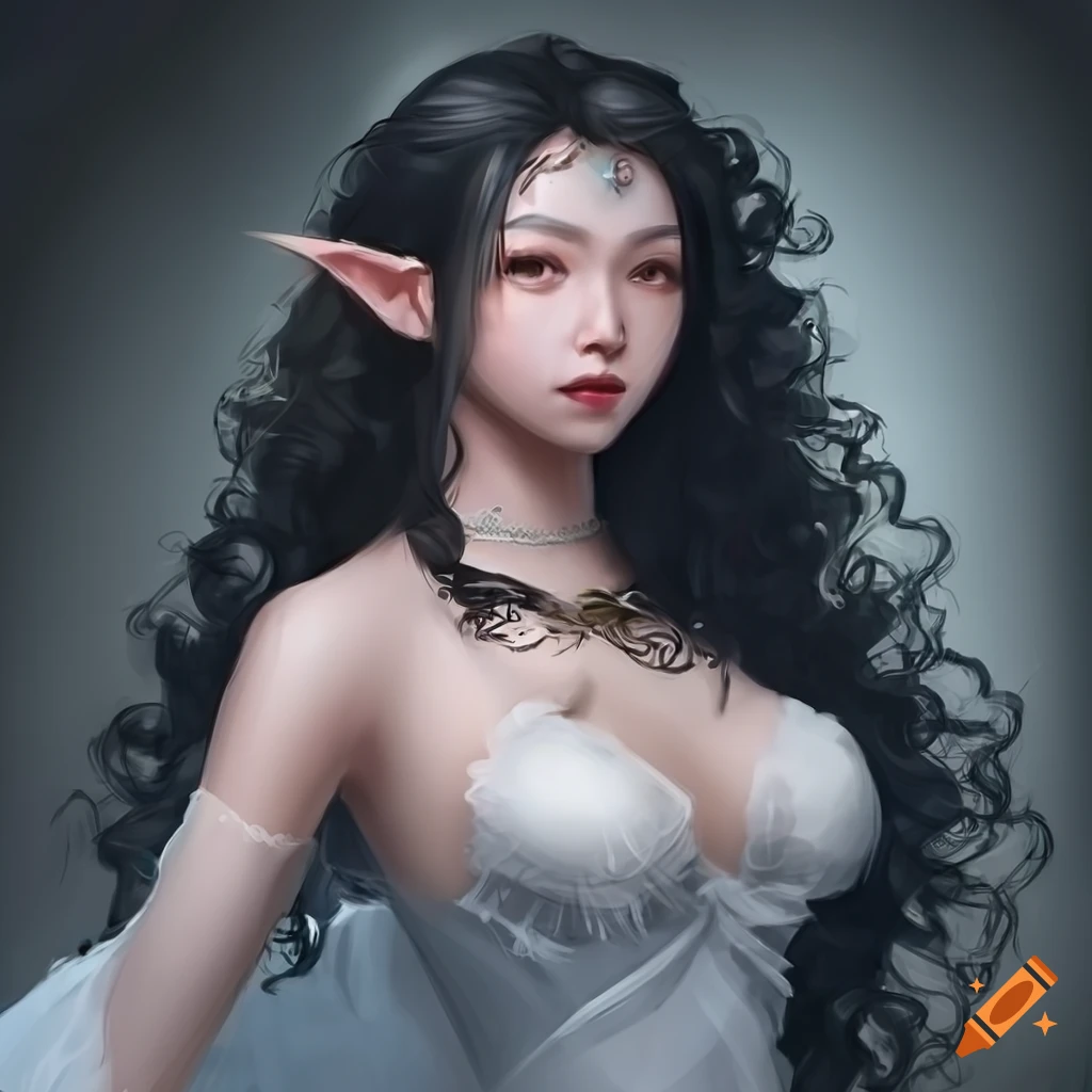 Portrait of an asian female elf in a white frilled dress on Craiyon