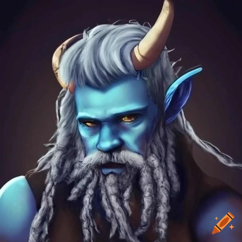 Portrait of an older tiefling man with blue skin and dreadlocks on Craiyon
