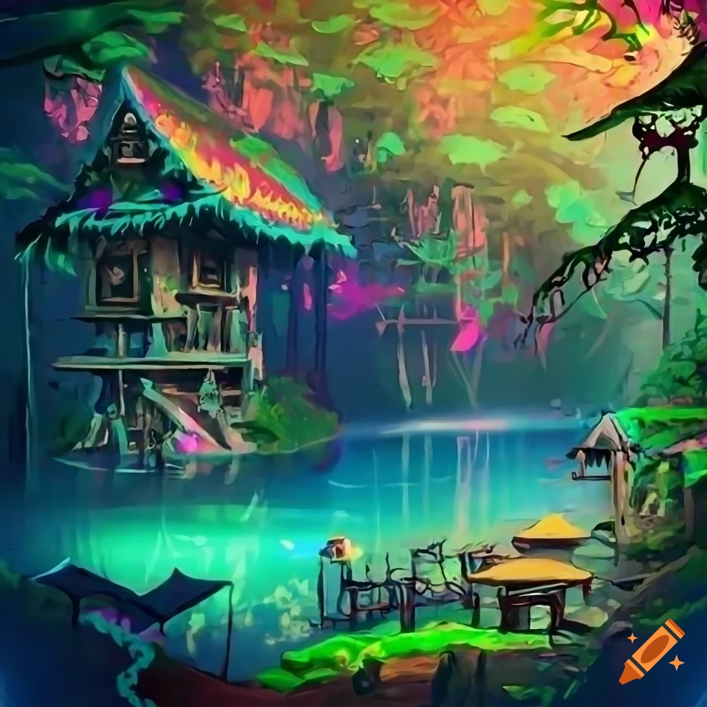 Colorful hippie houses in the mountains with a psychedelic vibe on Craiyon