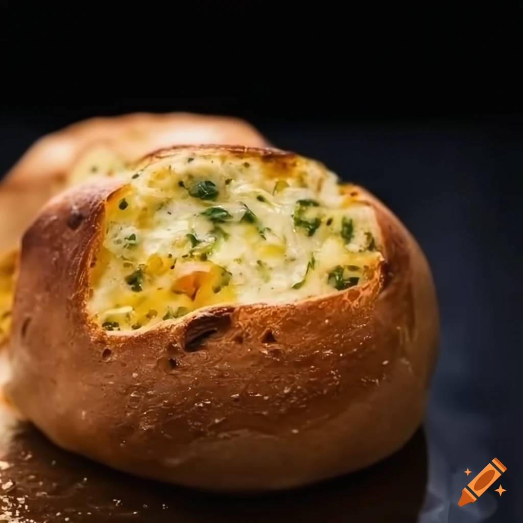 Close-up of freshly baked garlic bread with golden crust and melting ...
