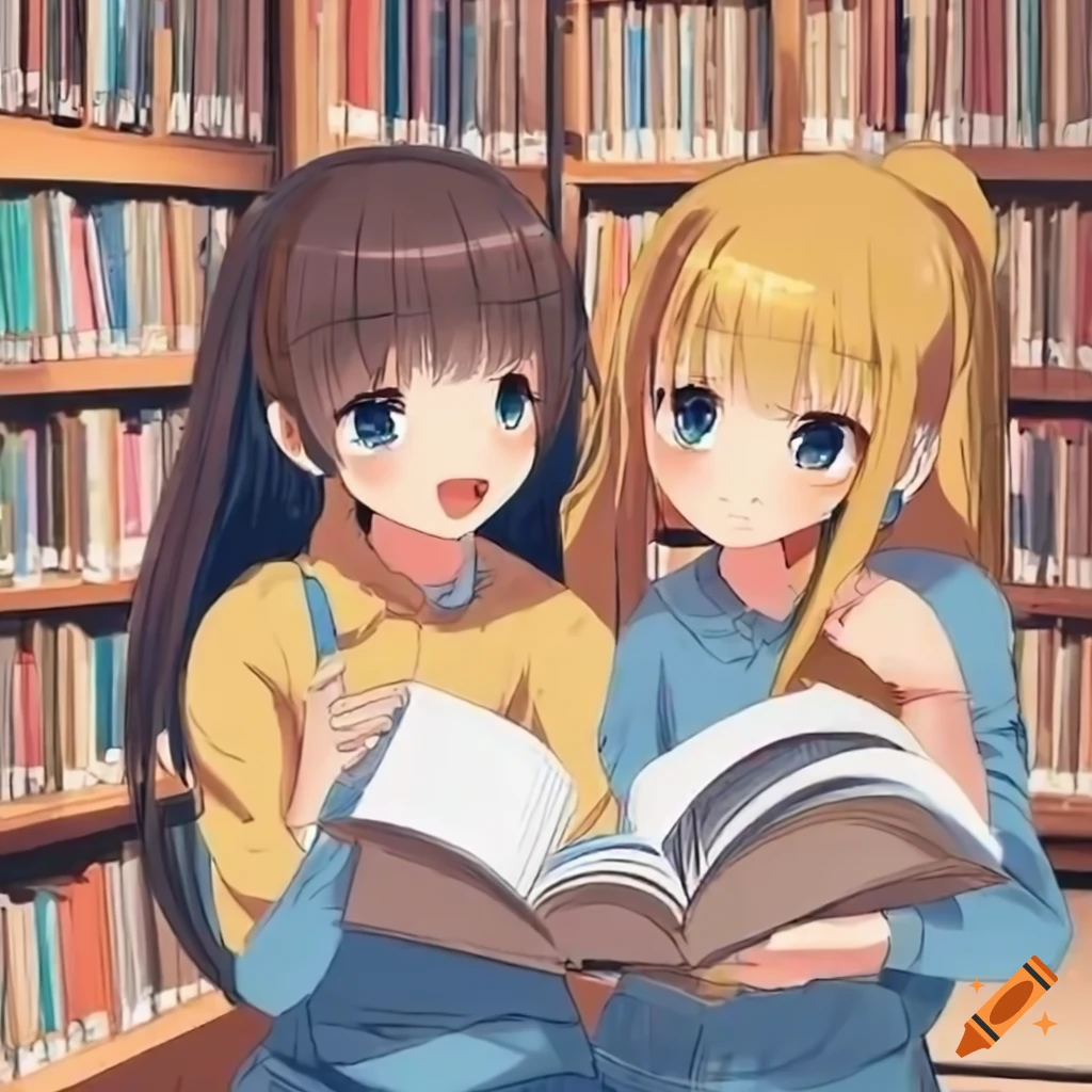 Anime girls discussing books in front of a bookstore on Craiyon