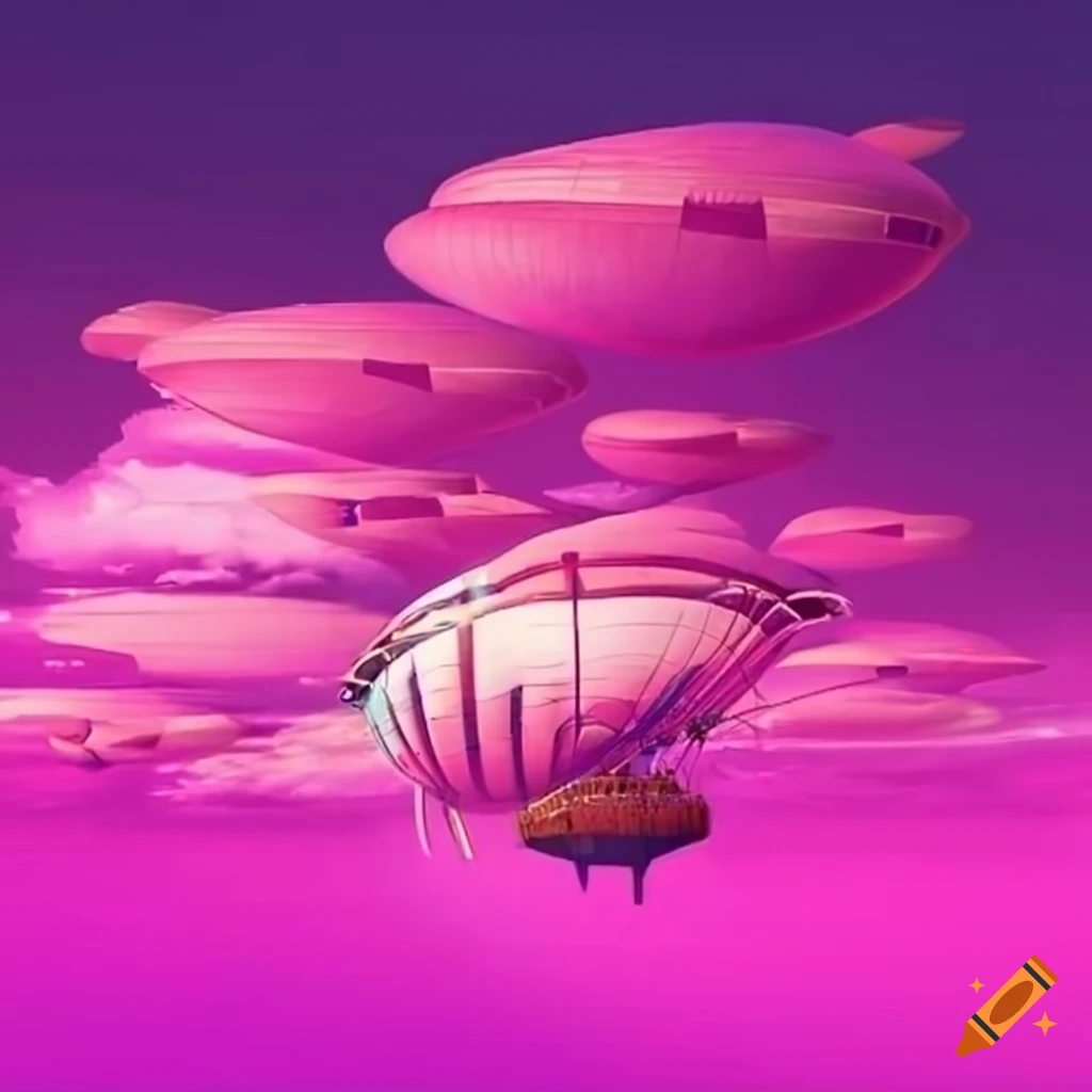 Metal blimp flying over pink clouds on Craiyon