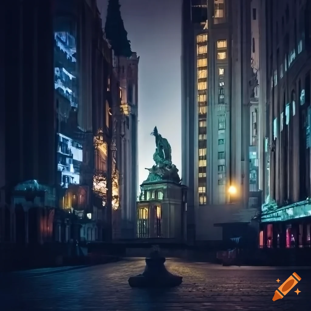 Empty city square with a statue at night
