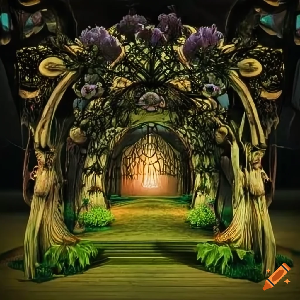 Surrealist park in a gothic futuristic city with modern sculptures on ...