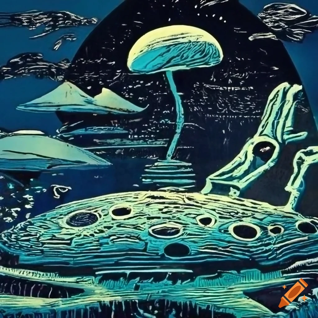 Linocut of an alien landscape with spaceships and astronauts on Craiyon
