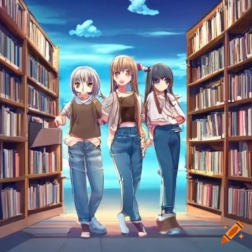 Anime girls studying at a library on Craiyon