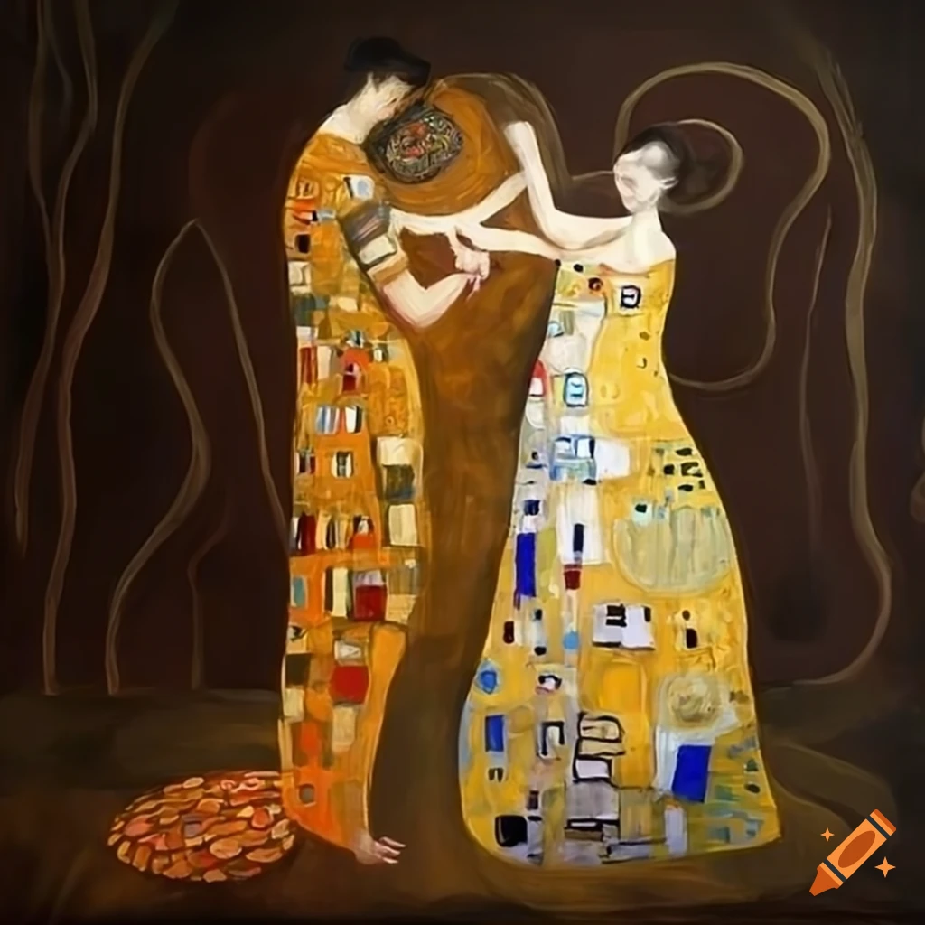 Painting of a couple dancing inspired by klimt's the kiss