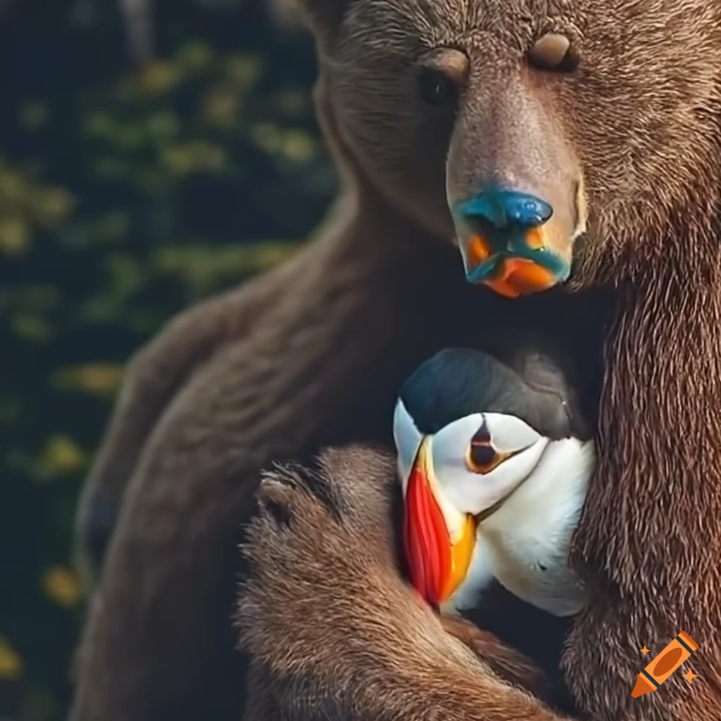 Heartwarming image of a bear and a puffin hugging on Craiyon