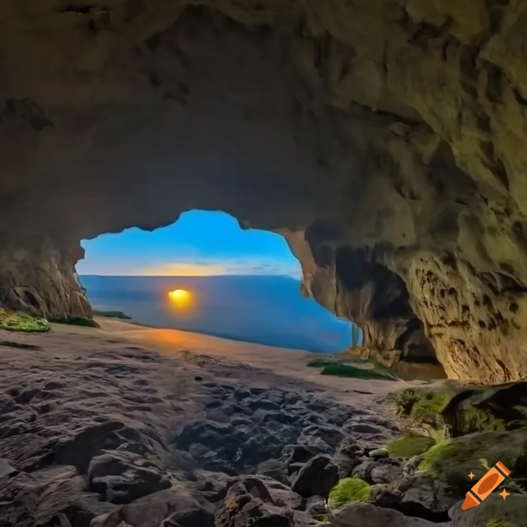 Art of Adam witnessing the first sunrise from a cave on Craiyon