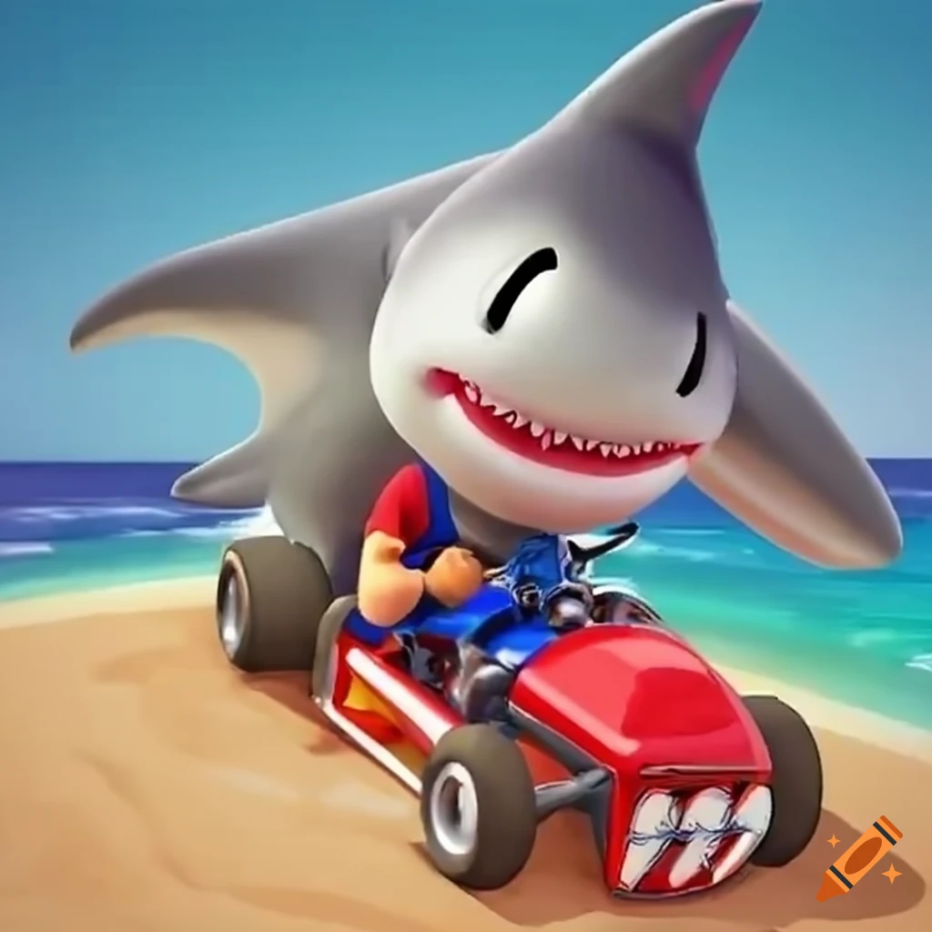 Cartoon of a shark racing in Mario Kart on Craiyon