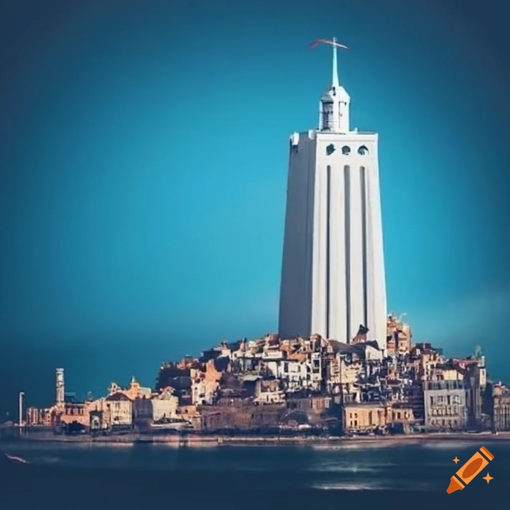 City with white towers by the sea and mountains on Craiyon