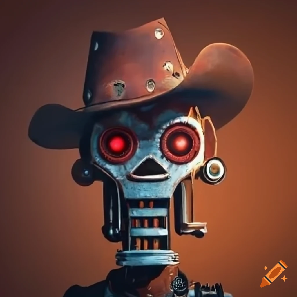 Rusty robot cowboy with red eyes on Craiyon