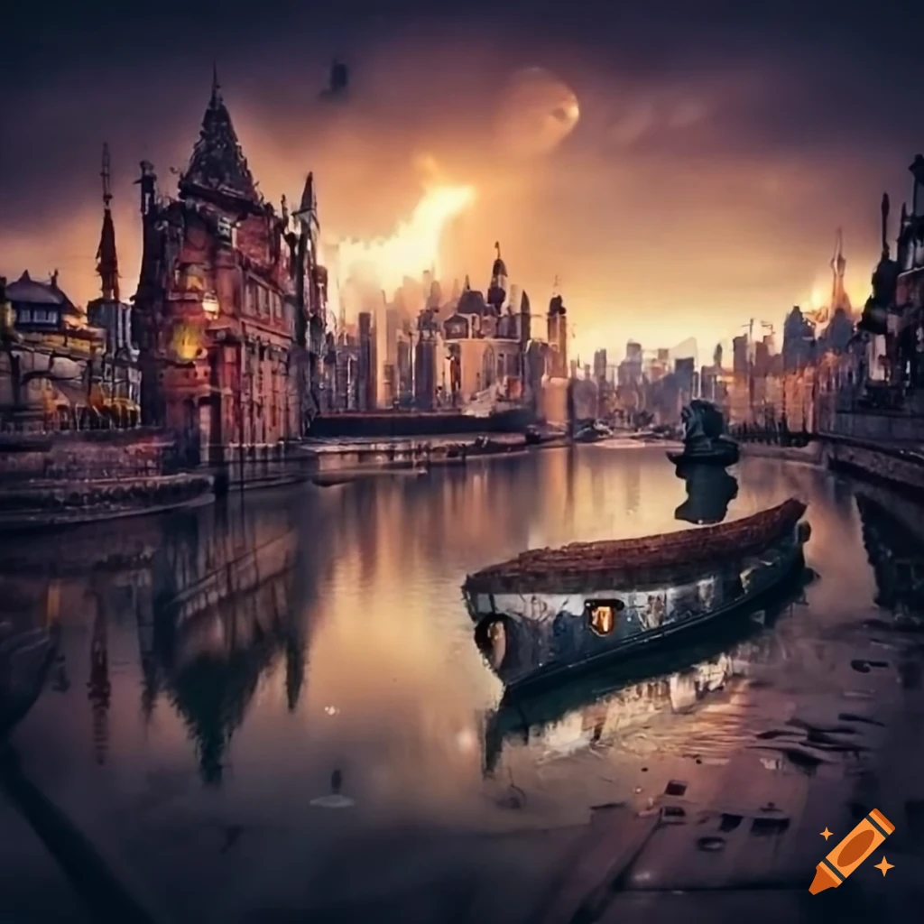 Aerial view of a futuristic steampunk city on Craiyon